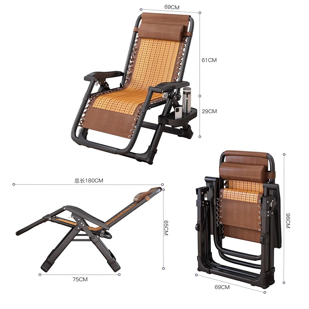 Zero Gravity Reclining Chair Folding Sun Lounge Chair Bamboo with Adjustable Backrest and Pillow & Cup Holder, Outdoor Portable Leisure Deck Chair for Garden Patio Backyard Beach