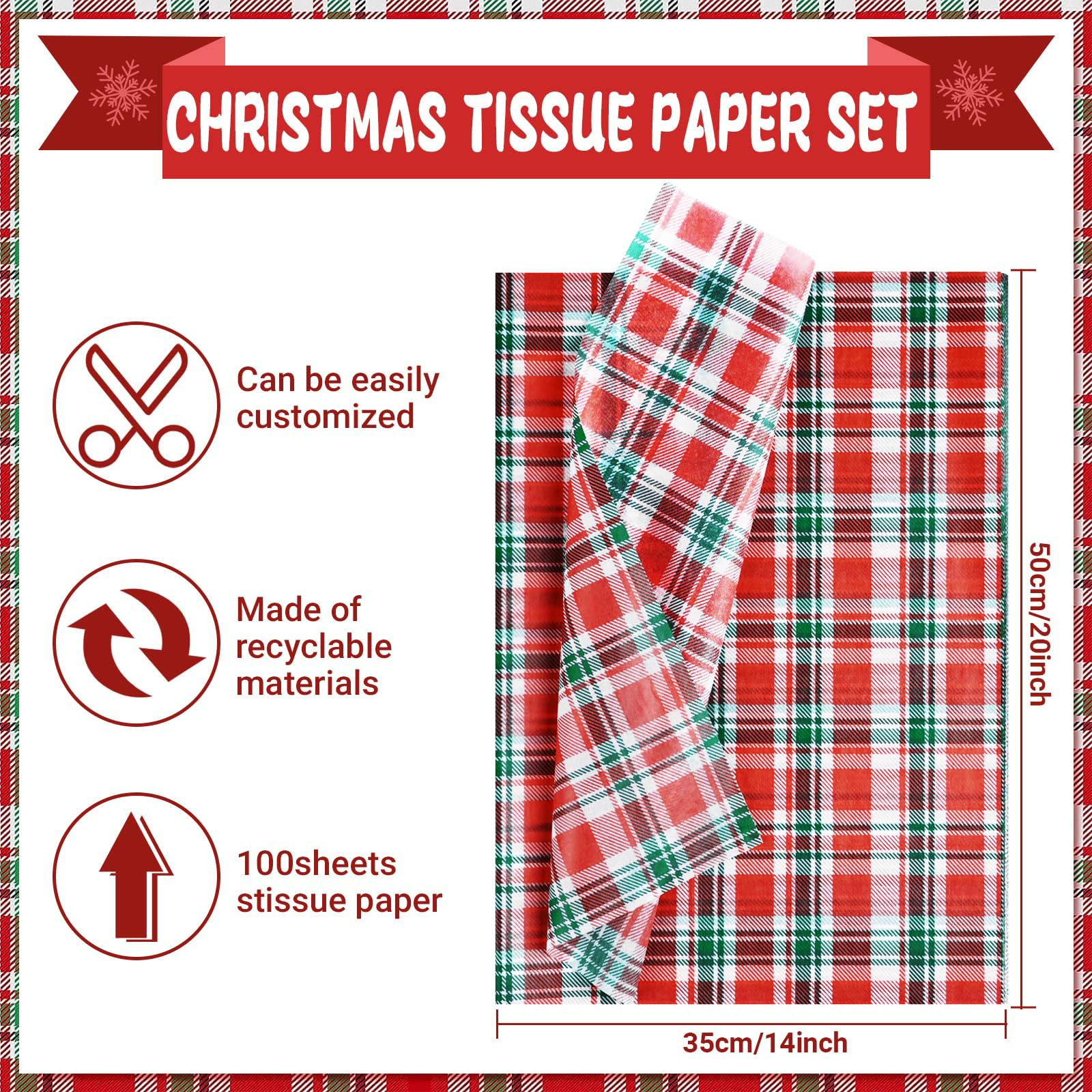 100 Sheets 20 * 14 Inches Christmas Buffalo Plaid Tissue Paper, Red Green White Tissue Paper for Gift Bags, Rustic Art Tissue Paper for Gift Wrapping for Xmas New Year Party DIY Craft