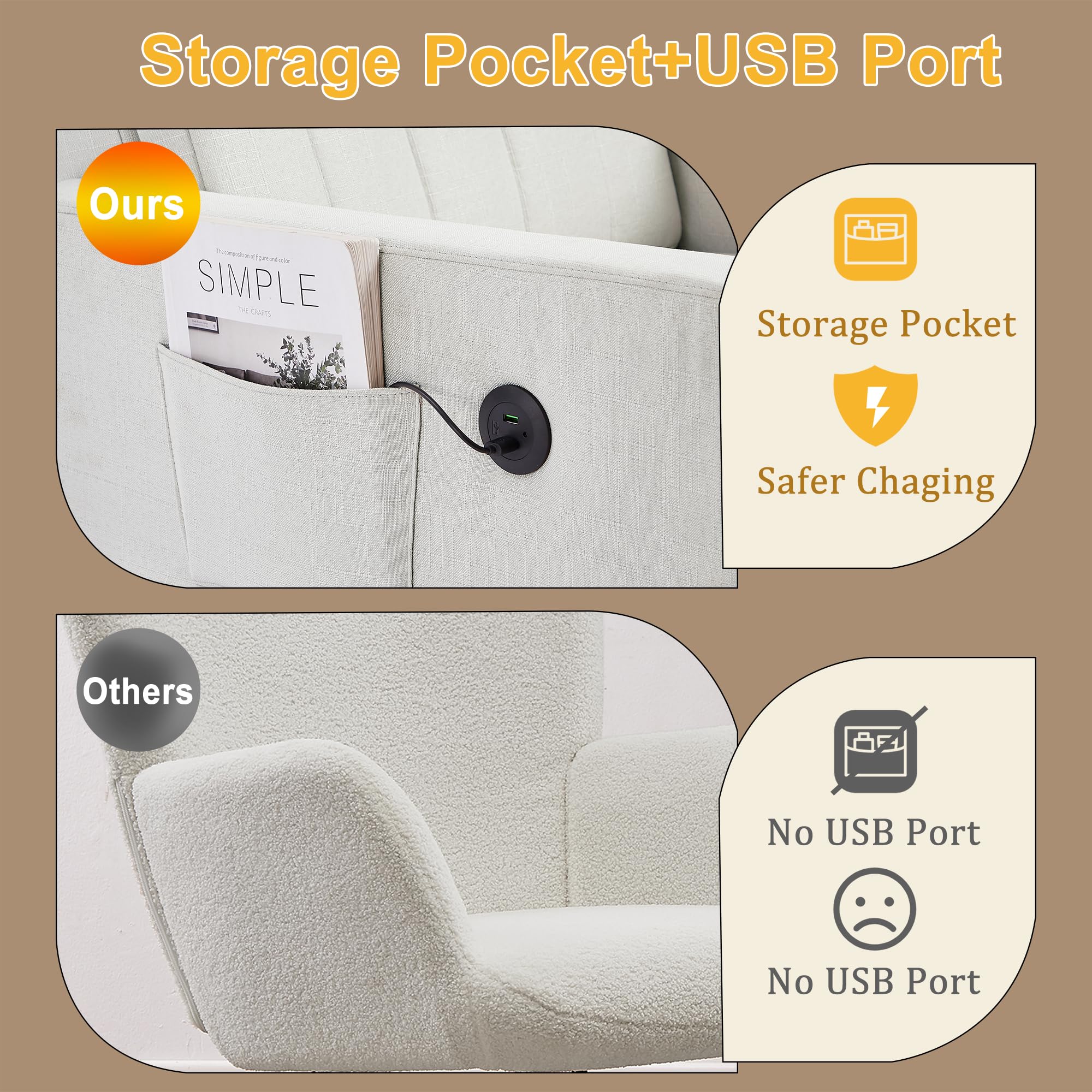 VECELO Rocking Chair, Upholstered Glider Rocker for Nursery Comfy Armchair with Safe Solid Wood Base/USB Port/Side Pocket for Living Room Bedroom Balcony Home Office, Off-White