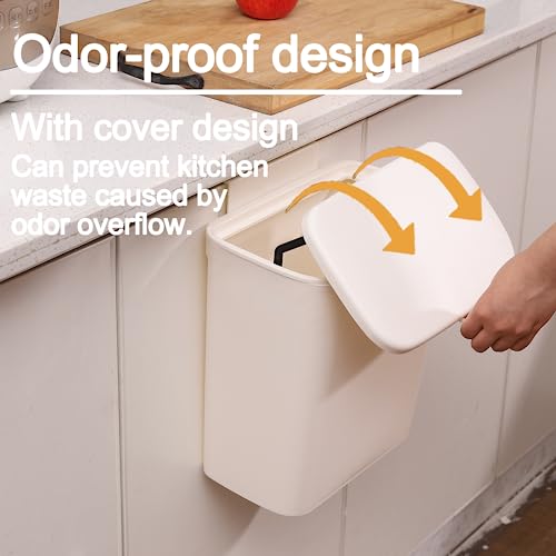 Hanging Kitchen Trash Can,2.4 Gallon Waste Bin with Lid for Kitchen,Small Plastic Compost Bin for Counter Top or Under Sink,Mountable Garbage Can for Bedroom,Bathroom, Cabinet,Car and Office,White