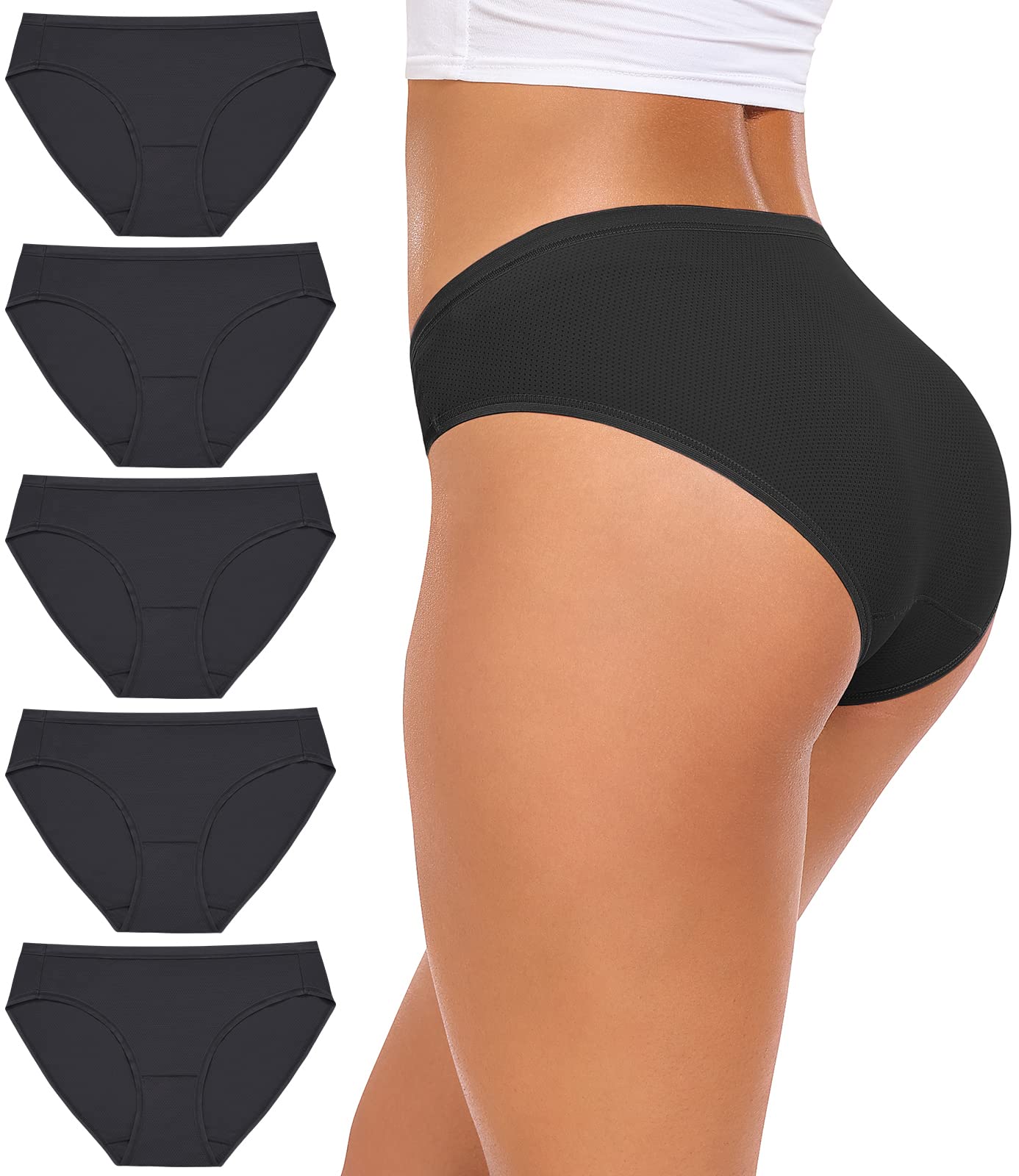 RHYFF Womens Underwear Breathable Mesh Bikini Panties Stay Fresh Ladies Panty Stretches Soft Hipster Briefs Travel Underpants（R7002-Black-XL）