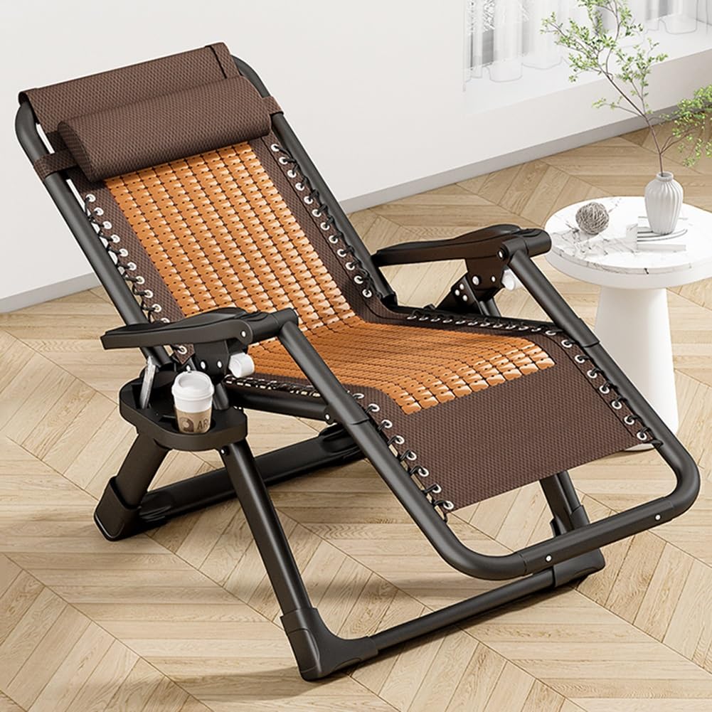 Zero Gravity Chair Adjustable Folding Reclining Lounge Chair Bamboo with Pillow and Cup Holder Patio Lawn Recliner for Outdoor Pool Camp Yard Beach Garden Outdoor and Indoor