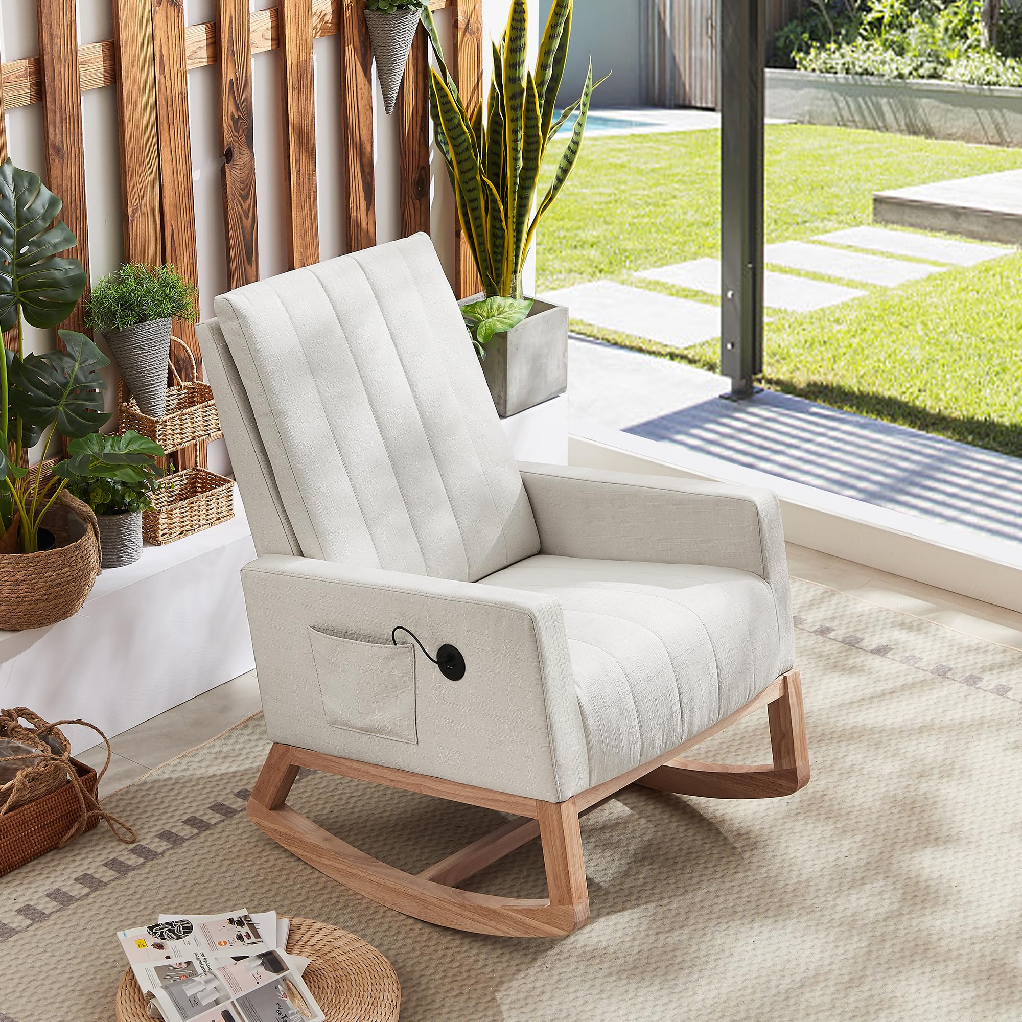 VECELO Rocking Chair, Upholstered Glider Rocker for Nursery Comfy Armchair with Safe Solid Wood Base/USB Port/Side Pocket for Living Room Bedroom Balcony Home Office, Off-White