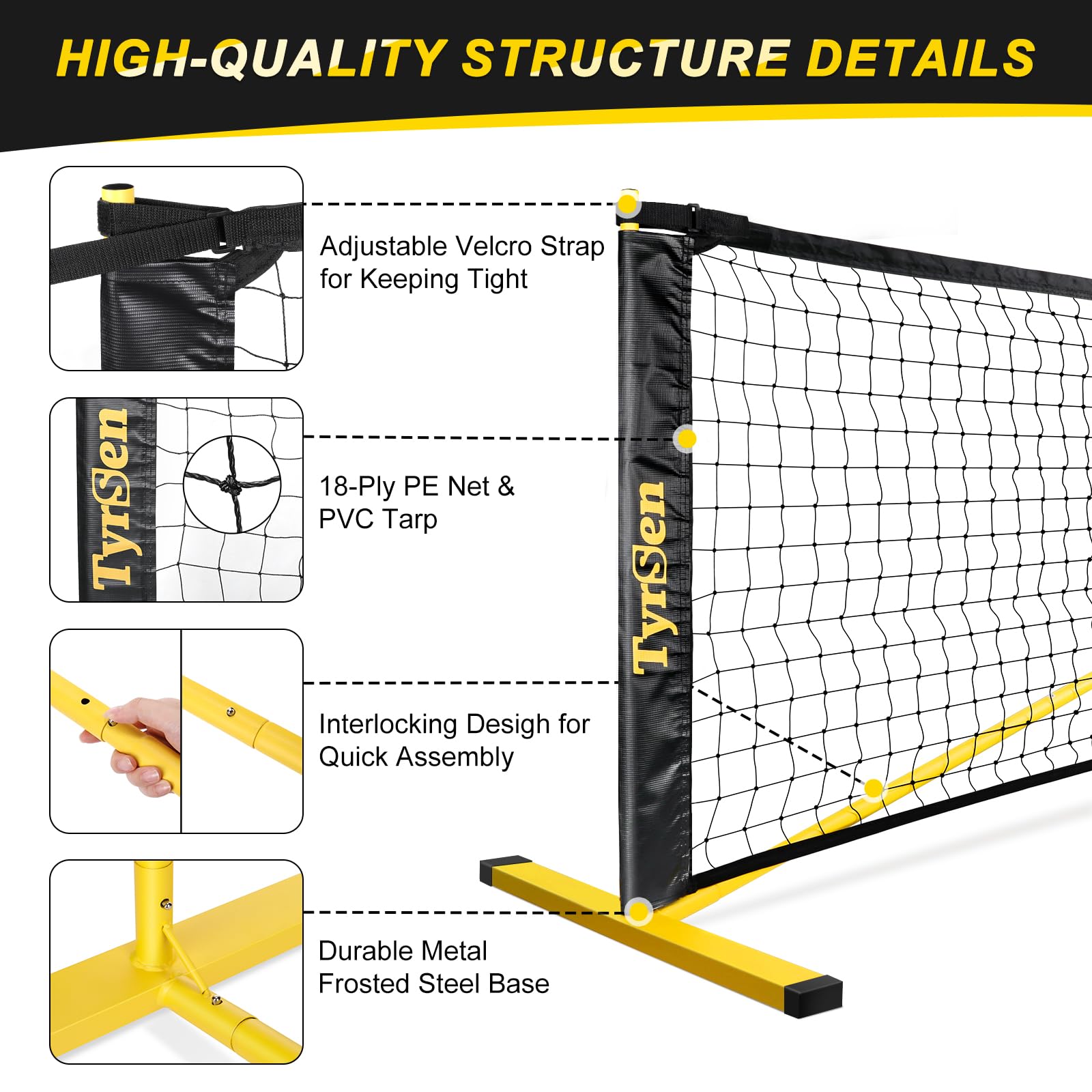TYRSEN Pickleball Set with Net, 22FT USAPA Regular Size Portable Pickleball Net System for Driveway Backyard, 4 Paddles & 6 Balls, Strong PE Net and Steady Steel Frames for Indoor Outdoor