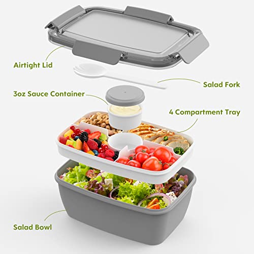 Cherrysea 2Pack Salad Lunch Container, 68oz Salad Bowls with 4 Compartments Tray,Leak Proof Lunch Box with Fork for Men,Women BPA-Free Snack Container with Sauce Container for Dressings-Grey