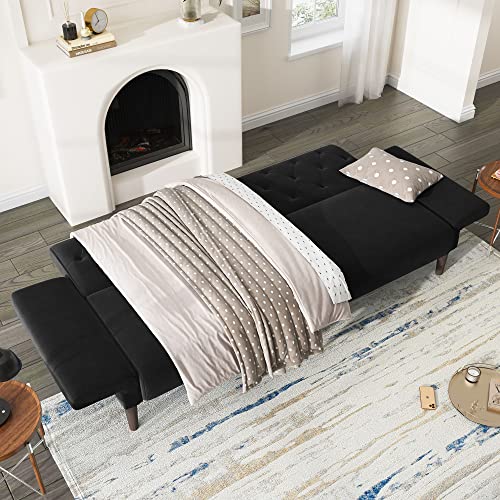 HONBAY Convertible Sofa Bed Velvet Sleeper Couch with Adjustable Armrests Tufted Futon for Living Room and Bedroom, Black