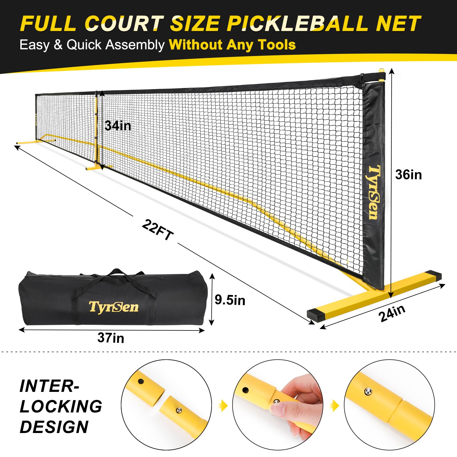 TYRSEN Pickleball Set with Net, 22FT USAPA Regular Size Portable Pickleball Net System for Driveway Backyard, 4 Paddles & 6 Balls, Strong PE Net and Steady Steel Frames for Indoor Outdoor