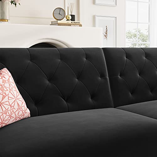 HONBAY Convertible Sofa Bed Velvet Sleeper Couch with Adjustable Armrests Tufted Futon for Living Room and Bedroom, Black