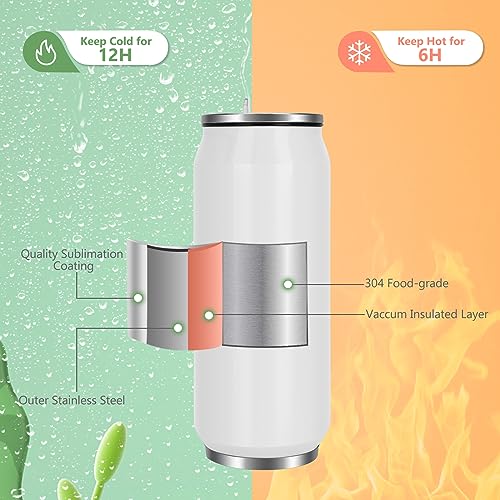 MultiOutools 4 Pack Sublimation Tumblers Blanks Cans, 16oz Stainless Steel Tumbler with Plastic Straw, Double Wall Insulated Beer Cans Cups for Tumbler Heat Press Machine Sublimation Printing