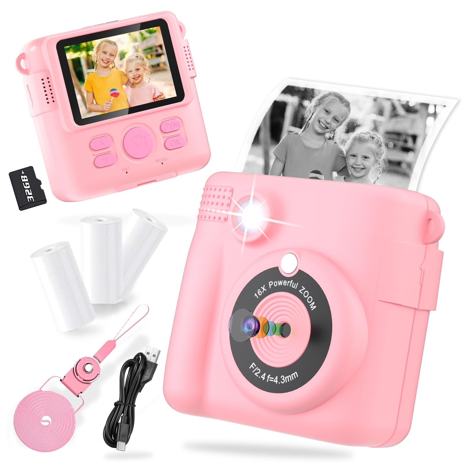 Eveedo Camera Instant Print, Kid Camera Girls Toys Age 6 7 8 9 10 Year Old Boy Birthday Gifts, Printable Camera Instant Photos with 32GB SD Card 1080P Video MP3 Music Travel Game DIY Color Pens, Pink