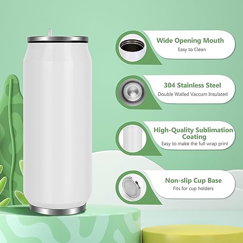 MultiOutools 4 Pack Sublimation Tumblers Blanks Cans, 16oz Stainless Steel Tumbler with Plastic Straw, Double Wall Insulated Beer Cans Cups for Tumbler Heat Press Machine Sublimation Printing