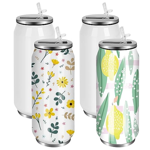 MultiOutools 4 Pack Sublimation Tumblers Blanks Cans, 16oz Stainless Steel Tumbler with Plastic Straw, Double Wall Insulated Beer Cans Cups for Tumbler Heat Press Machine Sublimation Printing
