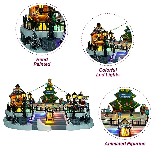 YQQY Skating Christmas Village - Animated Musical Winter Snow Village with 7 Moving Skaters - Indoor Decorations for Home Tabletop Gift