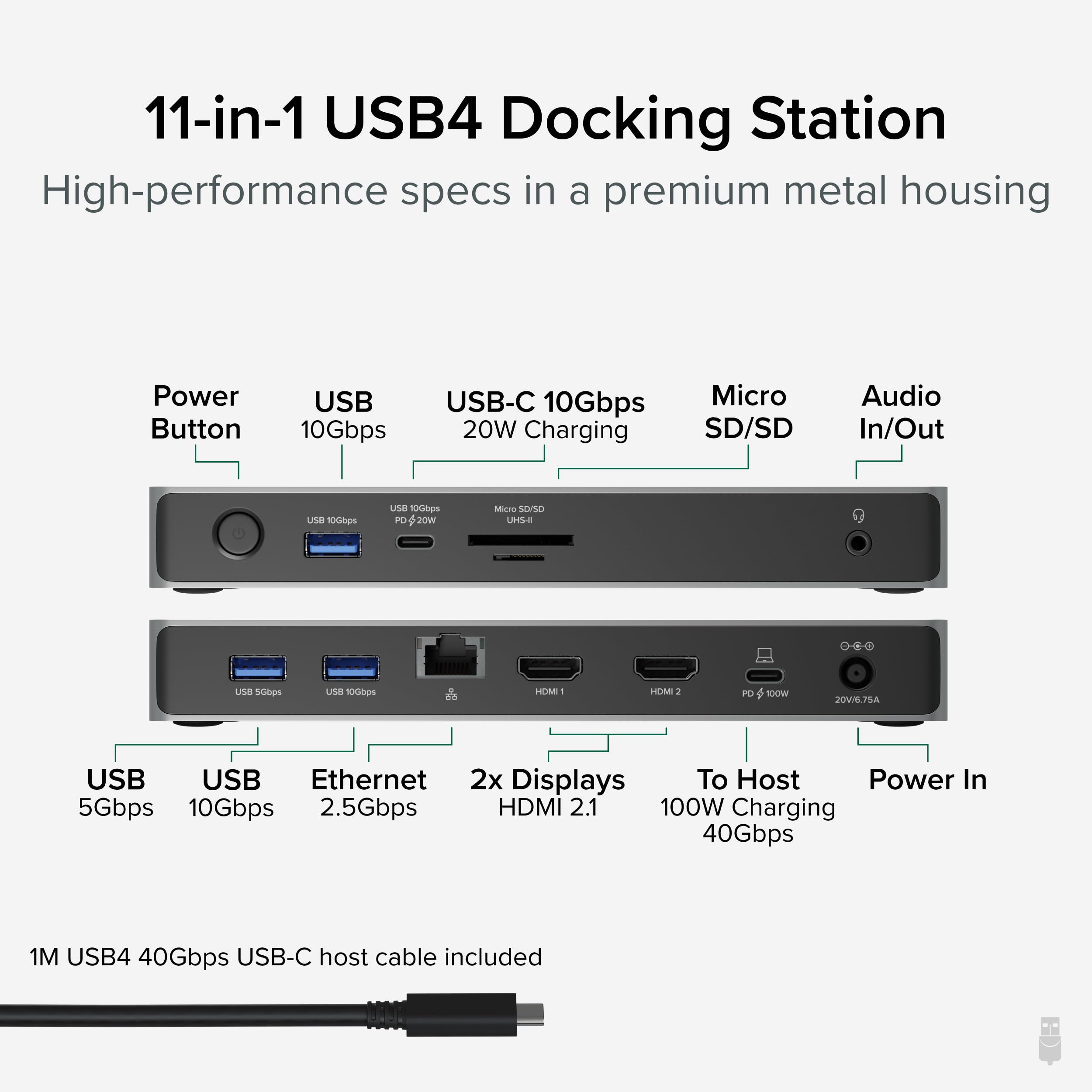 Plugable USB C Docking Station Dual Monitor, 11-in-1, USB4 40G 100W Laptop Charging Dock for Windows and Thunderbolt, 4K HDMI 2.1 upto 120Hz, 2.5Gbps Ethernet, SD Reader, 20W USB-C Charging Driverless