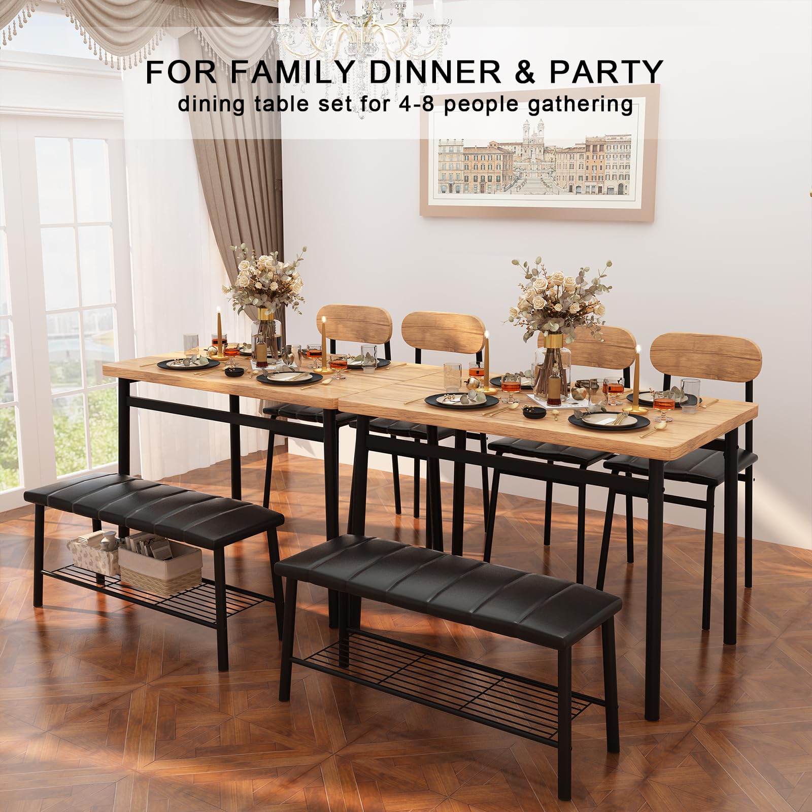 AWQM Dining Table with 2 Chairs and Bench Set, Dining Room Table Set for 4, 43.3 inches Kitchen Table and Faux Leather Upholstered Chairs Bench Set for Small Kitchen, Dining Room, 4 People Family Use…