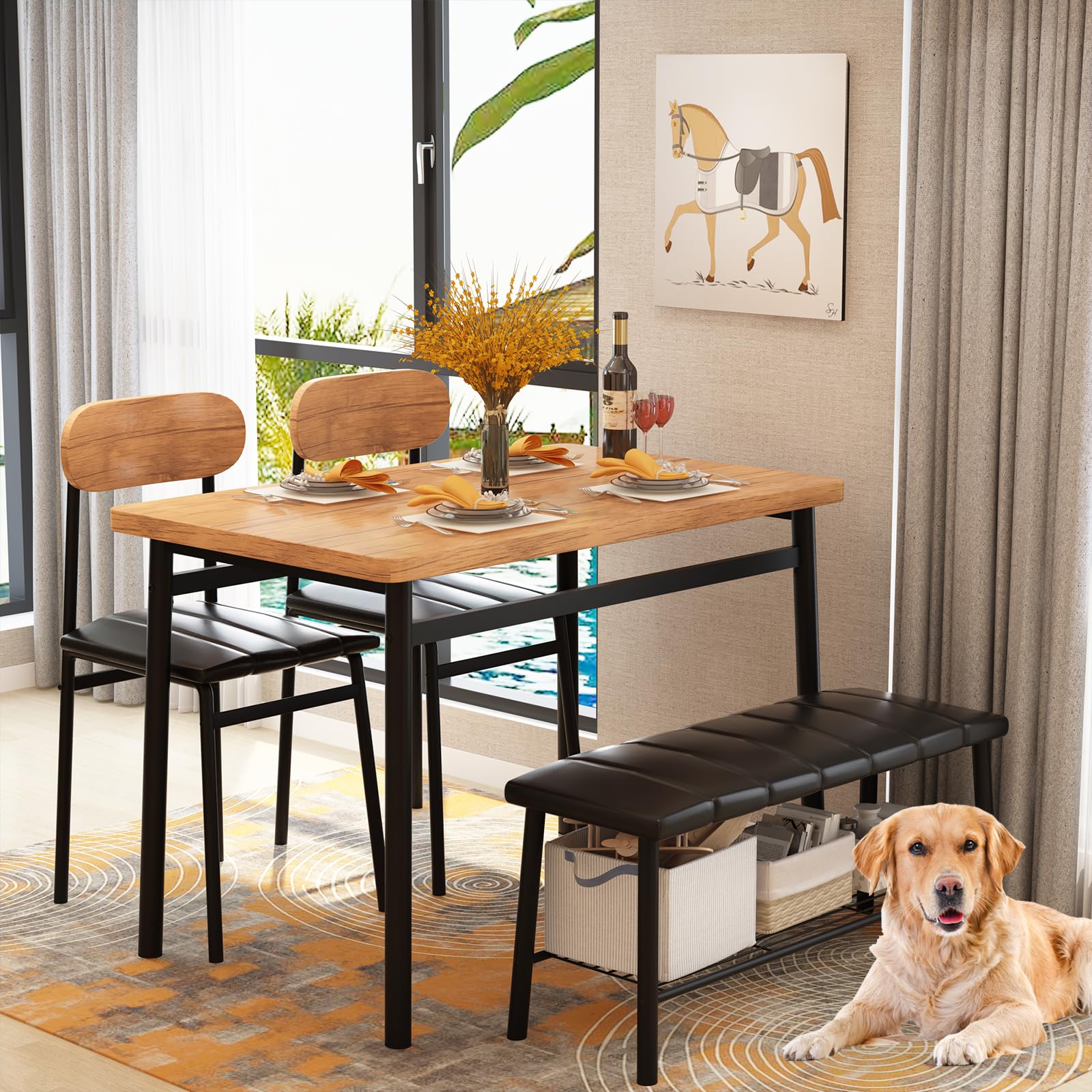 AWQM Dining Table with 2 Chairs and Bench Set, Dining Room Table Set for 4, 43.3 inches Kitchen Table and Faux Leather Upholstered Chairs Bench Set for Small Kitchen, Dining Room, 4 People Family Use…