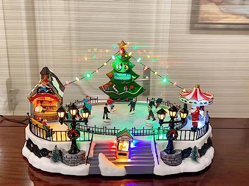 YQQY Skating Christmas Village - Animated Musical Winter Snow Village with 7 Moving Skaters - Indoor Decorations for Home Tabletop Gift