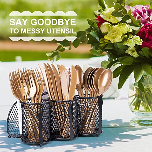 DTICON Metal Utensil Caddy Silverware Organizer, Utensil Holder Cutlery Caddy, Flatware Spoon Fork Storage for Outdoor Party Camping Picnic Buffet RV BBQ Farmhouse Kitchen Countertop (Black)