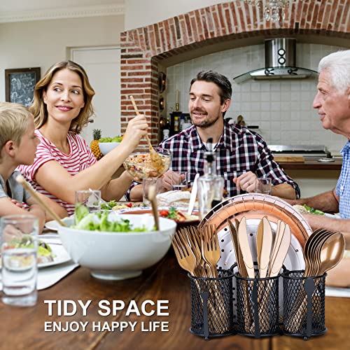 DTICON Metal Utensil Caddy Silverware Organizer, Utensil Holder Cutlery Caddy, Flatware Spoon Fork Storage for Outdoor Party Camping Picnic Buffet RV BBQ Farmhouse Kitchen Countertop (Black)