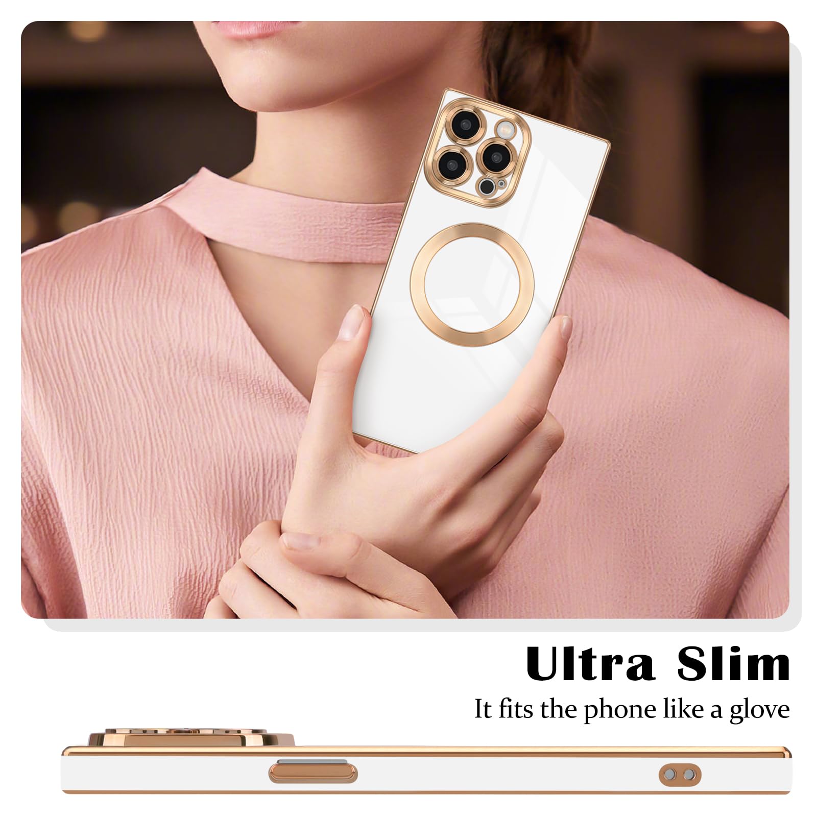 Newseego for iPhone 13 Pro Max Magnetic Case, Luxury Plating Edge Case for Women Girls Men Soft TPU Bumper Anti-Scratch Shockproof Protective Case Cover for iPhone 13 Pro Max-White