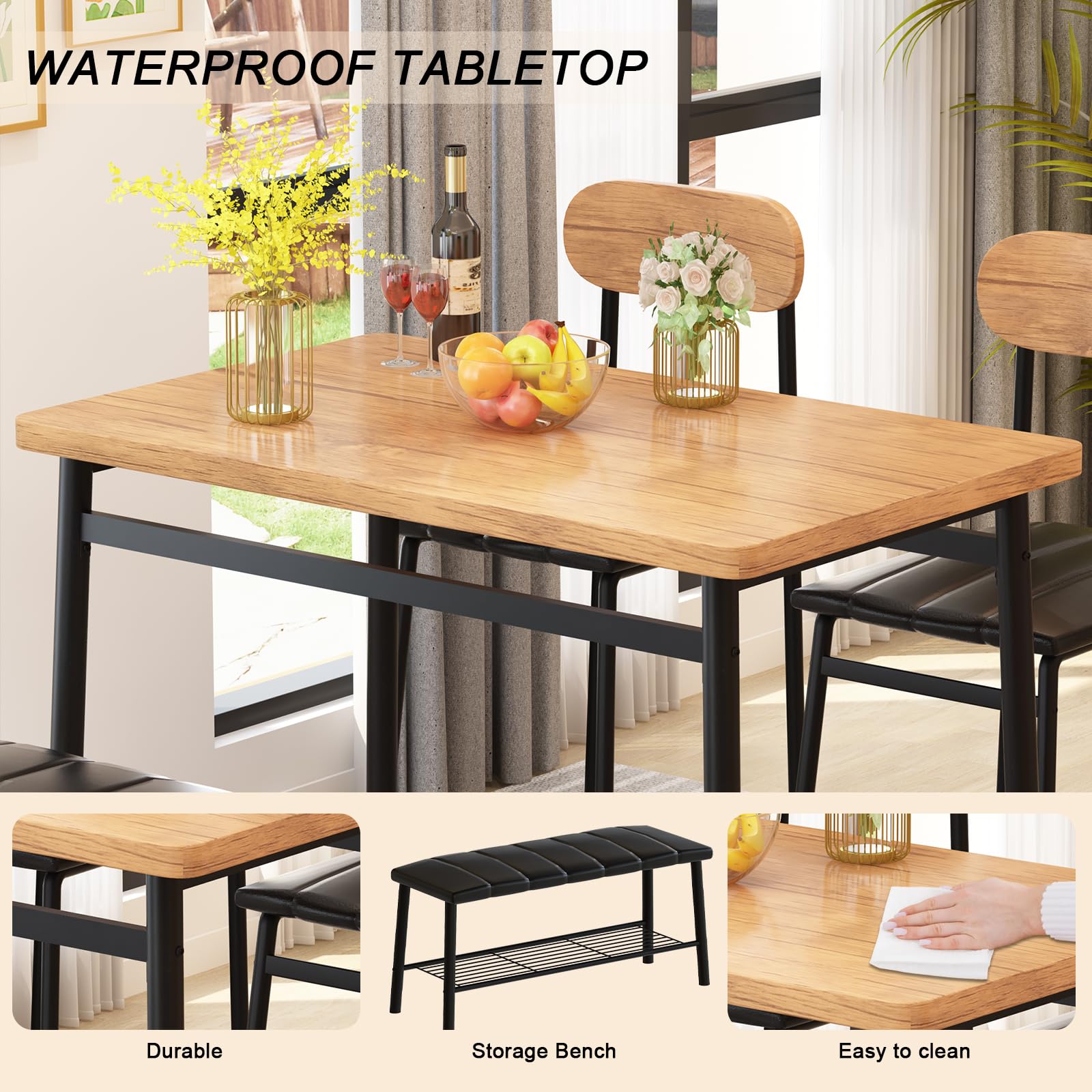 AWQM Dining Table with 2 Chairs and Bench Set, Dining Room Table Set for 4, 43.3 inches Kitchen Table and Faux Leather Upholstered Chairs Bench Set for Small Kitchen, Dining Room, 4 People Family Use…