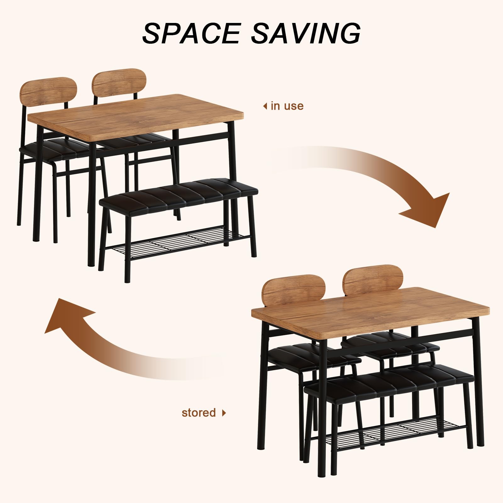 AWQM Dining Table with 2 Chairs and Bench Set, Dining Room Table Set for 4, 43.3 inches Kitchen Table and Faux Leather Upholstered Chairs Bench Set for Small Kitchen, Dining Room, 4 People Family Use…