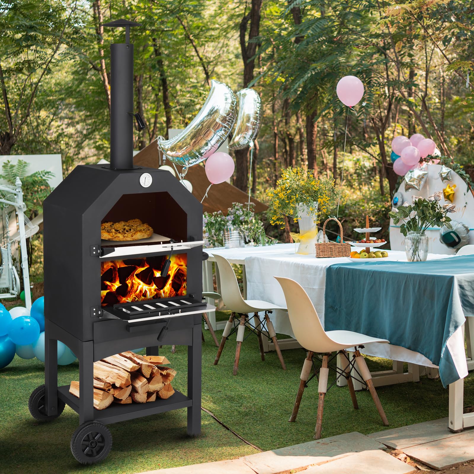 Outdoor Wood Fired Pizza Oven, Pizza Maker With Stone, Peel, Rack, Temperature Control, Built-in Thermometer, Portable on Wheels for Camping, Picnic Black