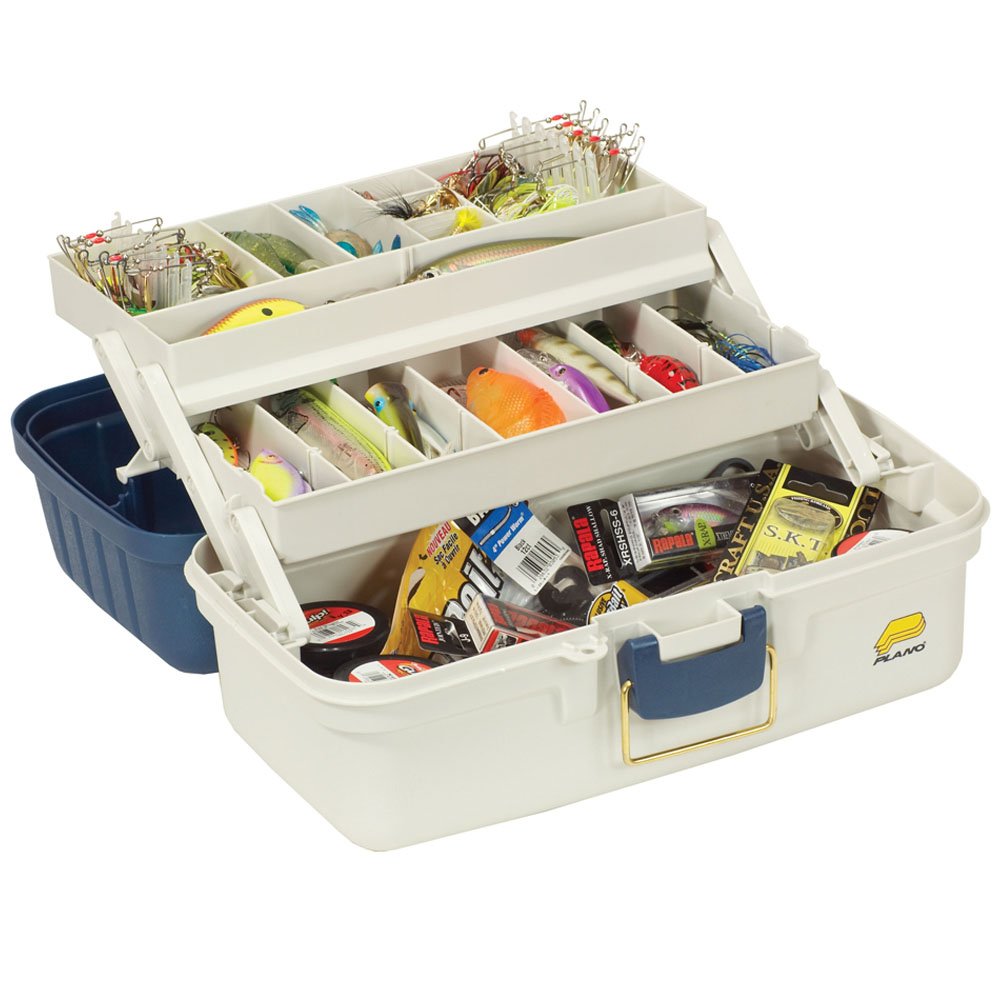 Plano 2-Tray Tackle Box with Dual Top Access, Blue Metallic/Off White, Premium Tackle Storage, 620206, One Size & Flambeau Outdoors 6382TB 2-Tray - Classic Tray Tackle Box - Blue/Gray