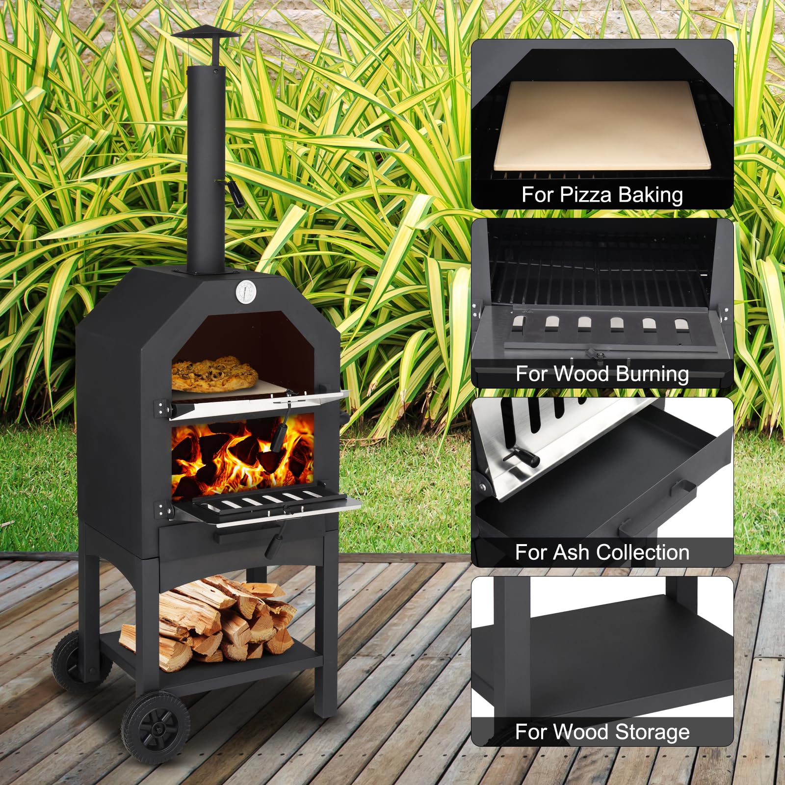 Outdoor Wood Fired Pizza Oven, Pizza Maker With Stone, Peel, Rack, Temperature Control, Built-in Thermometer, Portable on Wheels for Camping, Picnic Black