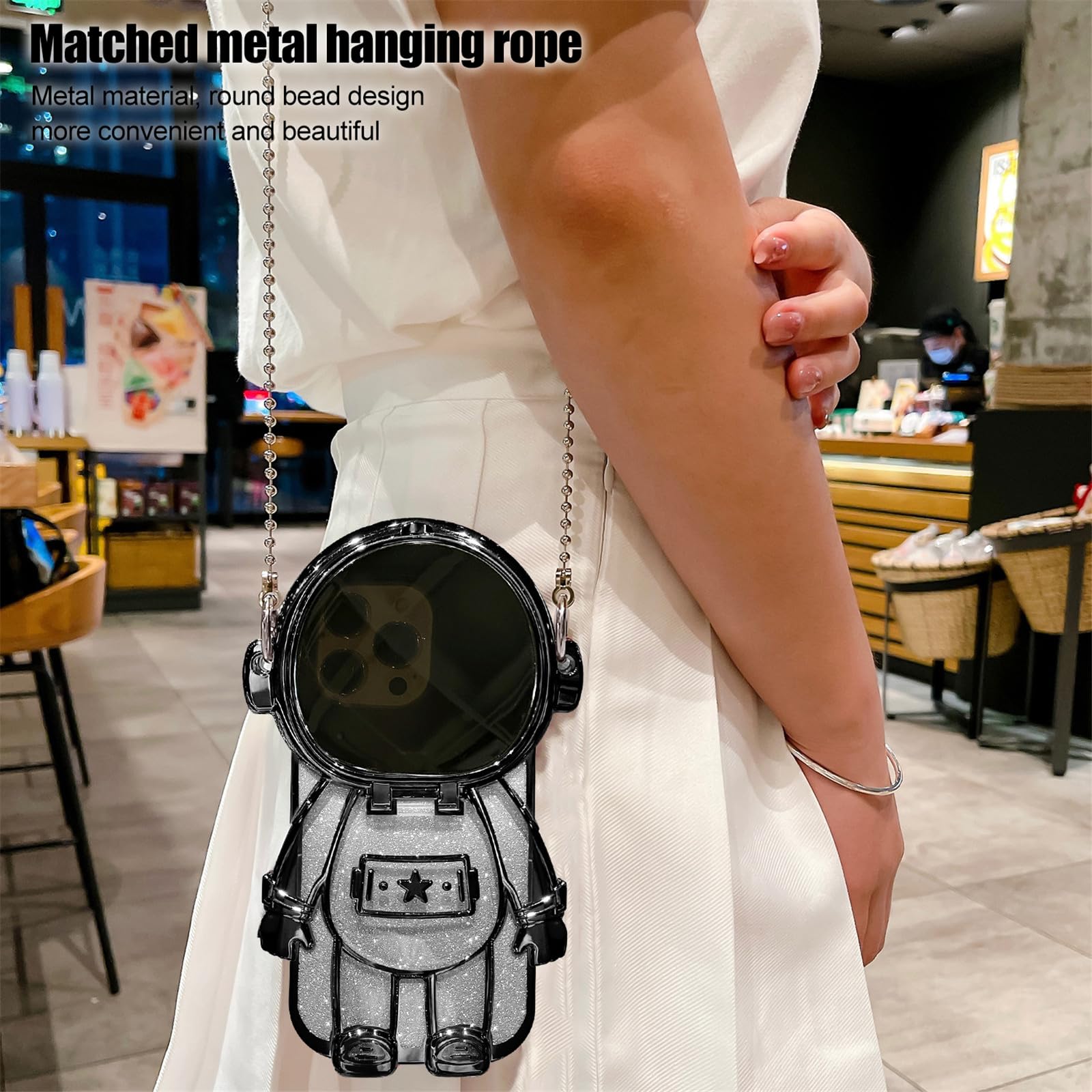for iPhone 14 Pro Max Case with Kickstand Mirror Lanyard Shoulder Strap Cute 3D Astronaut Lens Camera Protection Girls Women Hidden Stand TPU Clear Cover Protector for iPhone 14 Pro Max (14 Pro Max)
