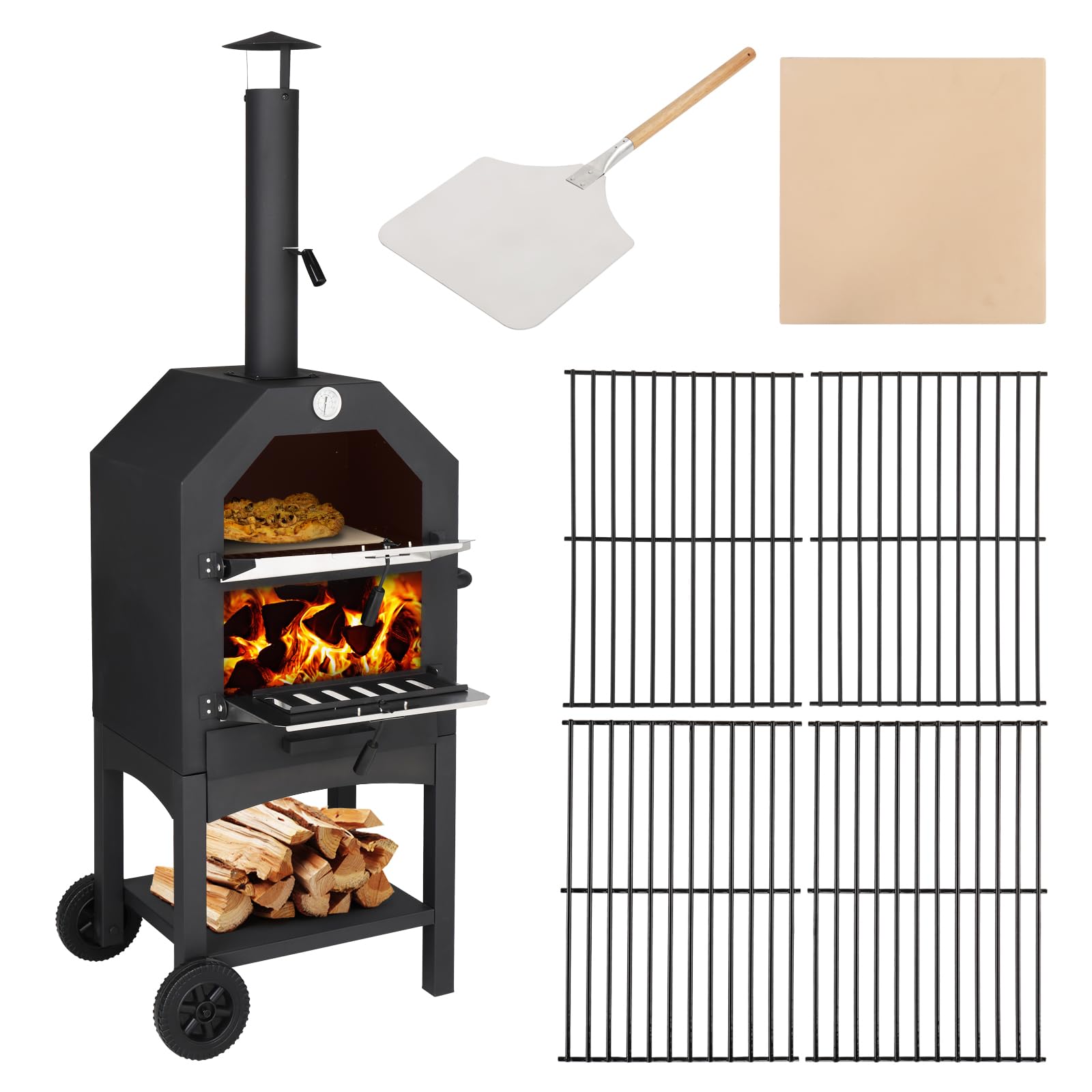 Outdoor Wood Fired Pizza Oven, Pizza Maker With Stone, Peel, Rack, Temperature Control, Built-in Thermometer, Portable on Wheels for Camping, Picnic Black