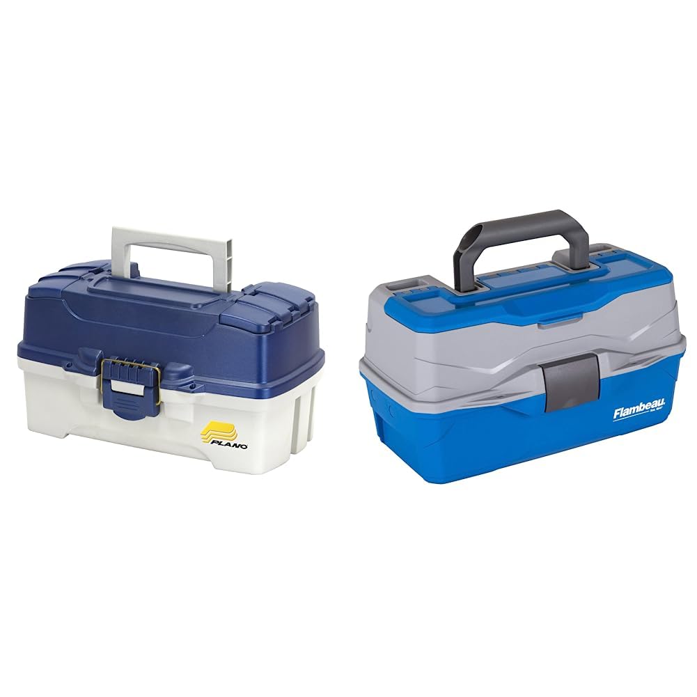 Plano 2-Tray Tackle Box with Dual Top Access, Blue Metallic/Off White, Premium Tackle Storage, 620206, One Size & Flambeau Outdoors 6382TB 2-Tray - Classic Tray Tackle Box - Blue/Gray