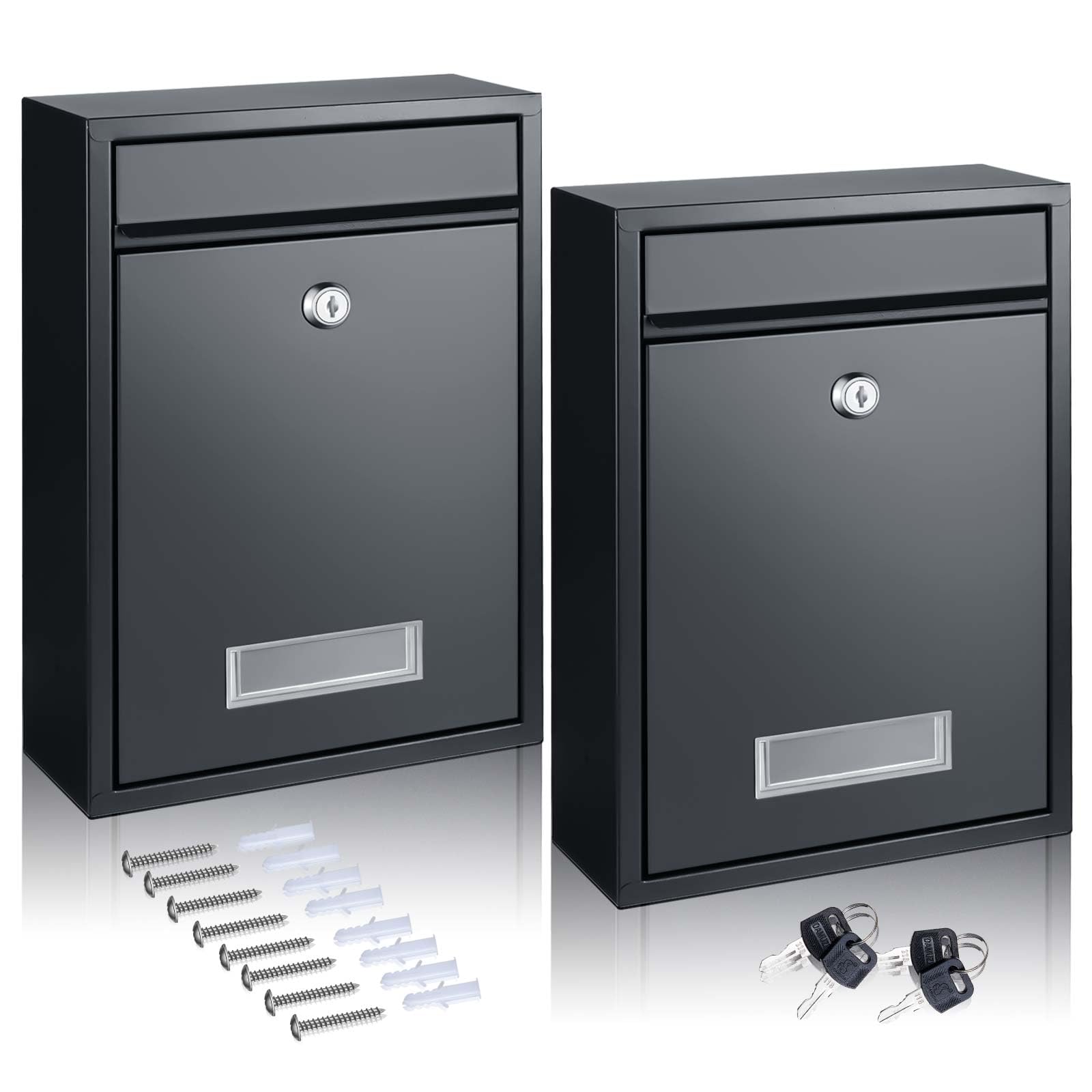Gisafai 2 Pcs Mailboxes for Outside Wall Mount Large Donation Suggestion Box for Mailbox Postbox Letters Newspapers Rust Proof with Slot Steel, 12.68 x 8.54 x 3.31 Inch, Black(Key Lock)