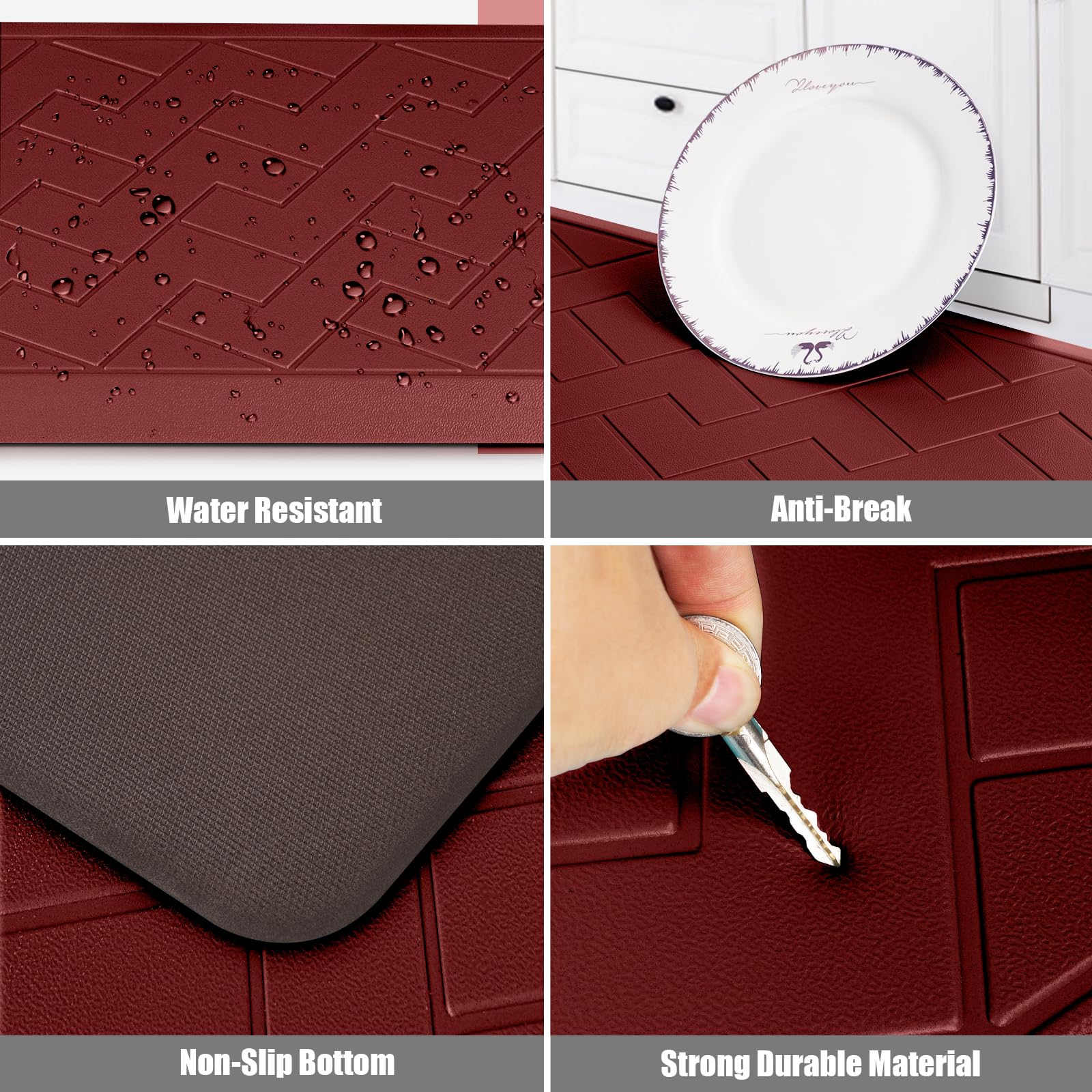 WEZVIX Non-Skid Kitchen Rugs and Mats Waterproof, Anti Fatigue Kitchen Mat 2 PCS, 1/2 Inch Thick Kitchen Floor Mat, Ergonomic Comfort Foam Standing Mat for Floor, Office, Sink, Laundry - Red