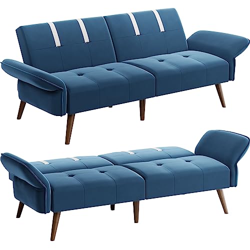 Shintenchi 79" Futon Sofa Bed, Small Modern Loveseat Sofa Velvet 2-Seat Sofa Couch Foldable Couch Convertible Loveseat w/Adjustable Armrests Backrest for Living Room Small Space Deep Blue