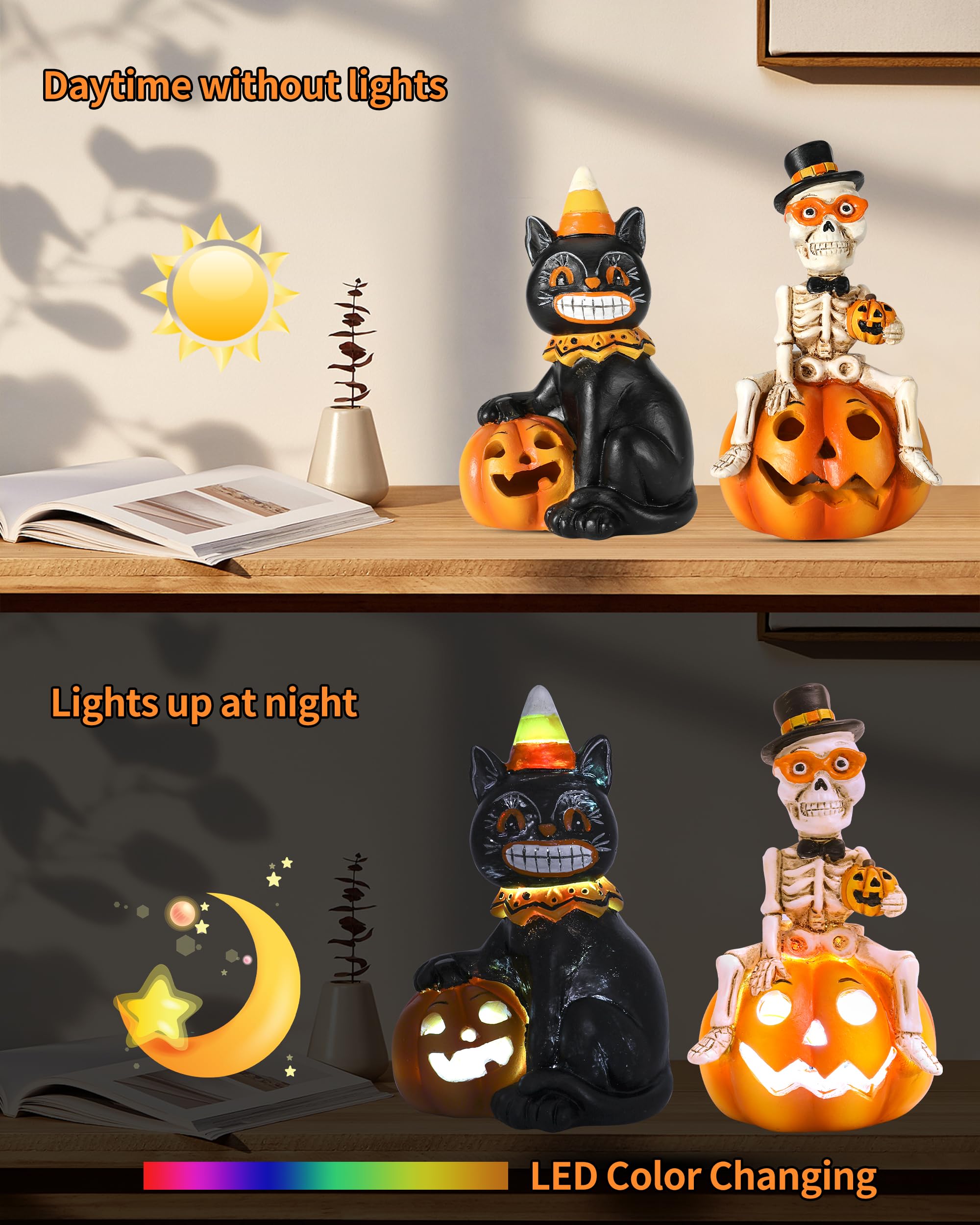 iStatue Halloween Decorations, 2-Pack Resin Black Cat & Skeleton on Pumpkin with Jack-o’-Lantern Lights - Indoor/Outdoor Gift for Fireplace Table Top Party Tiered Tray Decor (Skeleton & Cat)