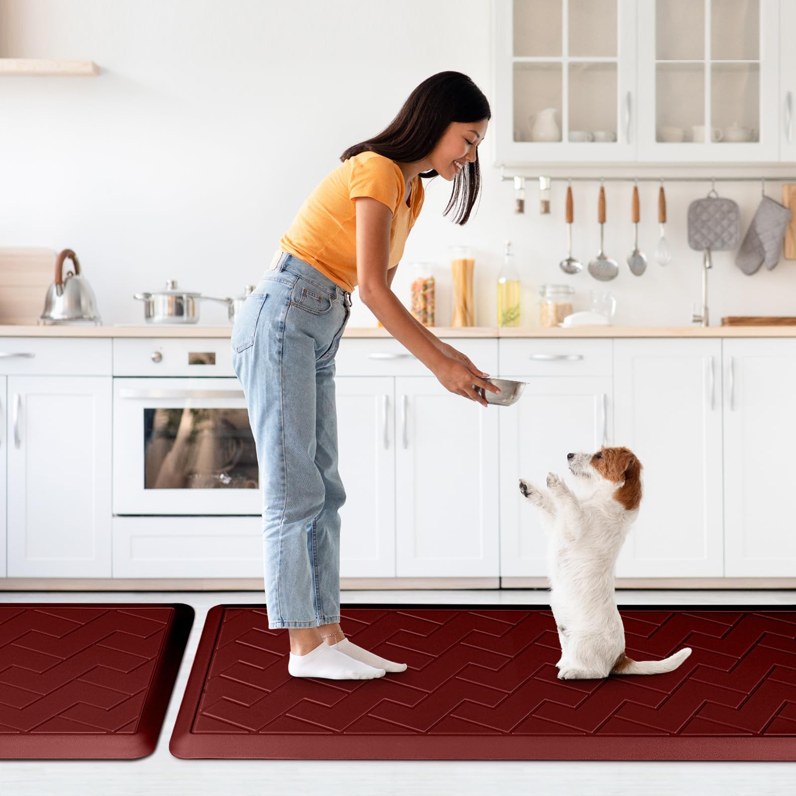 WEZVIX Non-Skid Kitchen Rugs and Mats Waterproof, Anti Fatigue Kitchen Mat 2 PCS, 1/2 Inch Thick Kitchen Floor Mat, Ergonomic Comfort Foam Standing Mat for Floor, Office, Sink, Laundry - Red