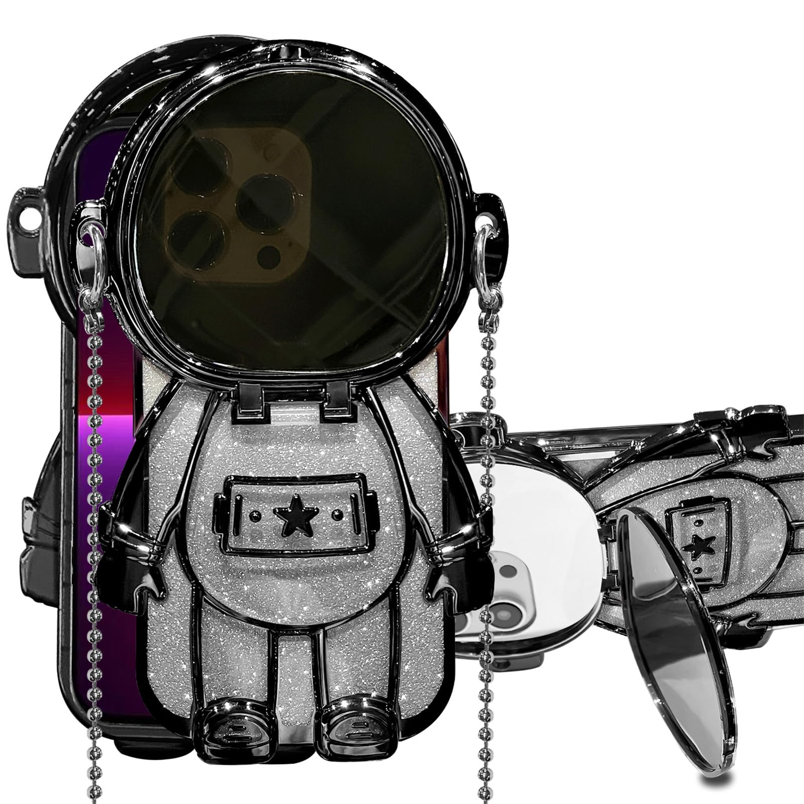 for iPhone 14 Pro Max Case with Kickstand Mirror Lanyard Shoulder Strap Cute 3D Astronaut Lens Camera Protection Girls Women Hidden Stand TPU Clear Cover Protector for iPhone 14 Pro Max (14 Pro Max)