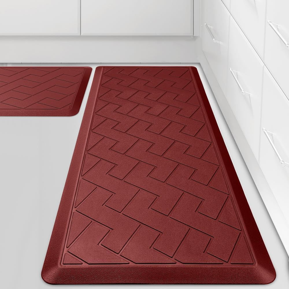 WEZVIX Non-Skid Kitchen Rugs and Mats Waterproof, Anti Fatigue Kitchen Mat 2 PCS, 1/2 Inch Thick Kitchen Floor Mat, Ergonomic Comfort Foam Standing Mat for Floor, Office, Sink, Laundry - Red