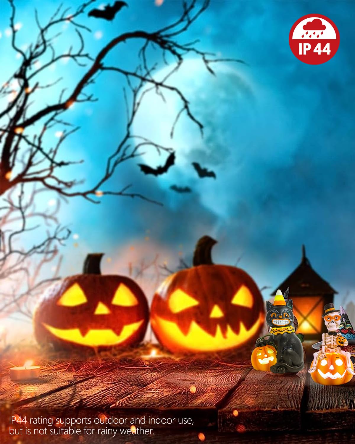 iStatue Halloween Decorations, 2-Pack Resin Black Cat & Skeleton on Pumpkin with Jack-o’-Lantern Lights - Indoor/Outdoor Gift for Fireplace Table Top Party Tiered Tray Decor (Skeleton & Cat)