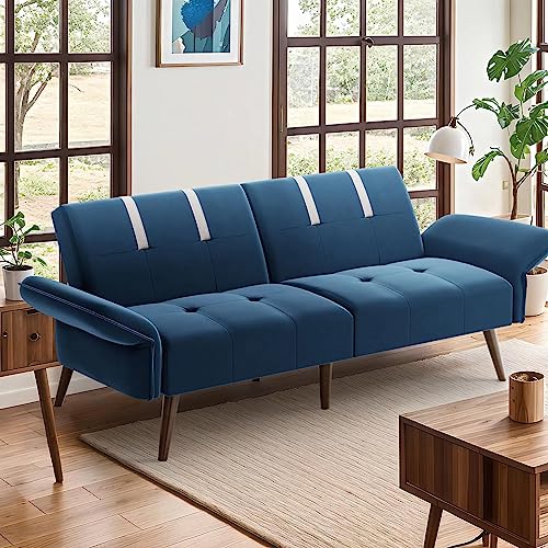Shintenchi 79" Futon Sofa Bed, Small Modern Loveseat Sofa Velvet 2-Seat Sofa Couch Foldable Couch Convertible Loveseat w/Adjustable Armrests Backrest for Living Room Small Space Deep Blue