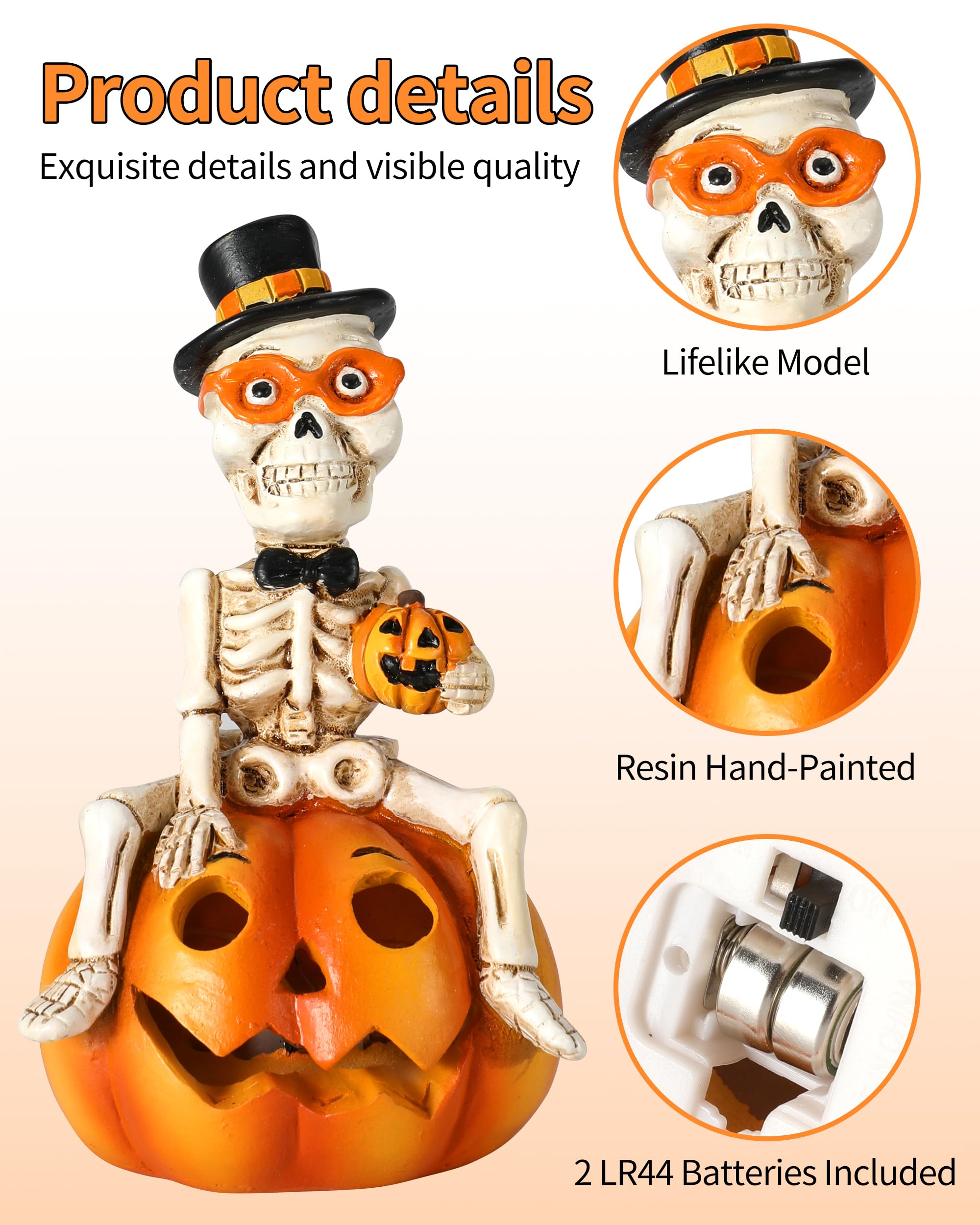iStatue Halloween Decorations, 2-Pack Resin Black Cat & Skeleton on Pumpkin with Jack-o’-Lantern Lights - Indoor/Outdoor Gift for Fireplace Table Top Party Tiered Tray Decor (Skeleton & Cat)
