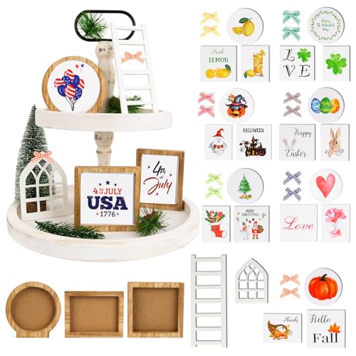 Tiered Tray Seasonal Decorations Set - Farmhouse Summer Lemon Kitchen Decor, 4th of July, Valentine's Day, Spring, Fall, Christmas, Halloween Centerpiece Table Home