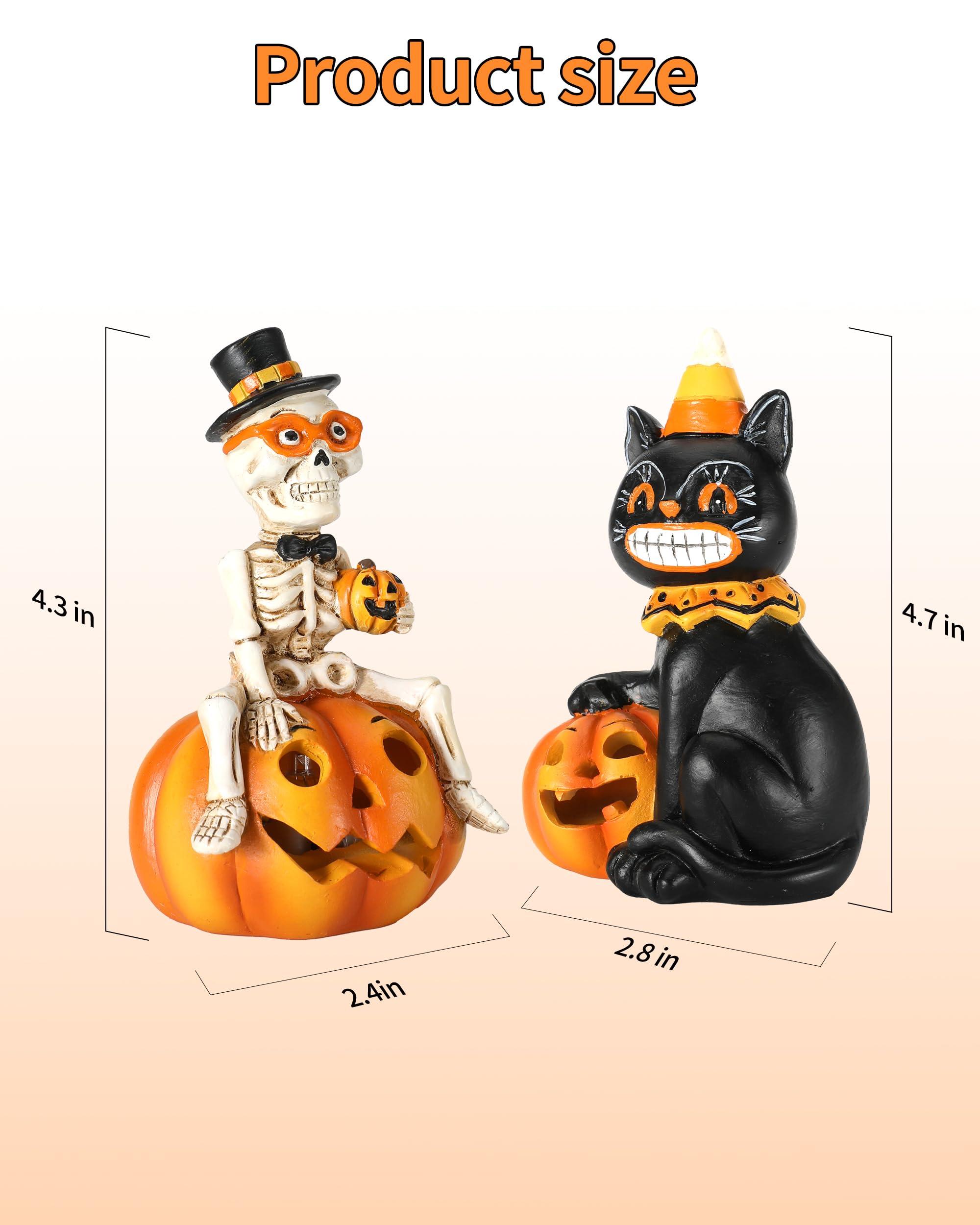 iStatue Halloween Decorations, 2-Pack Resin Black Cat & Skeleton on Pumpkin with Jack-o’-Lantern Lights - Indoor/Outdoor Gift for Fireplace Table Top Party Tiered Tray Decor (Skeleton & Cat)