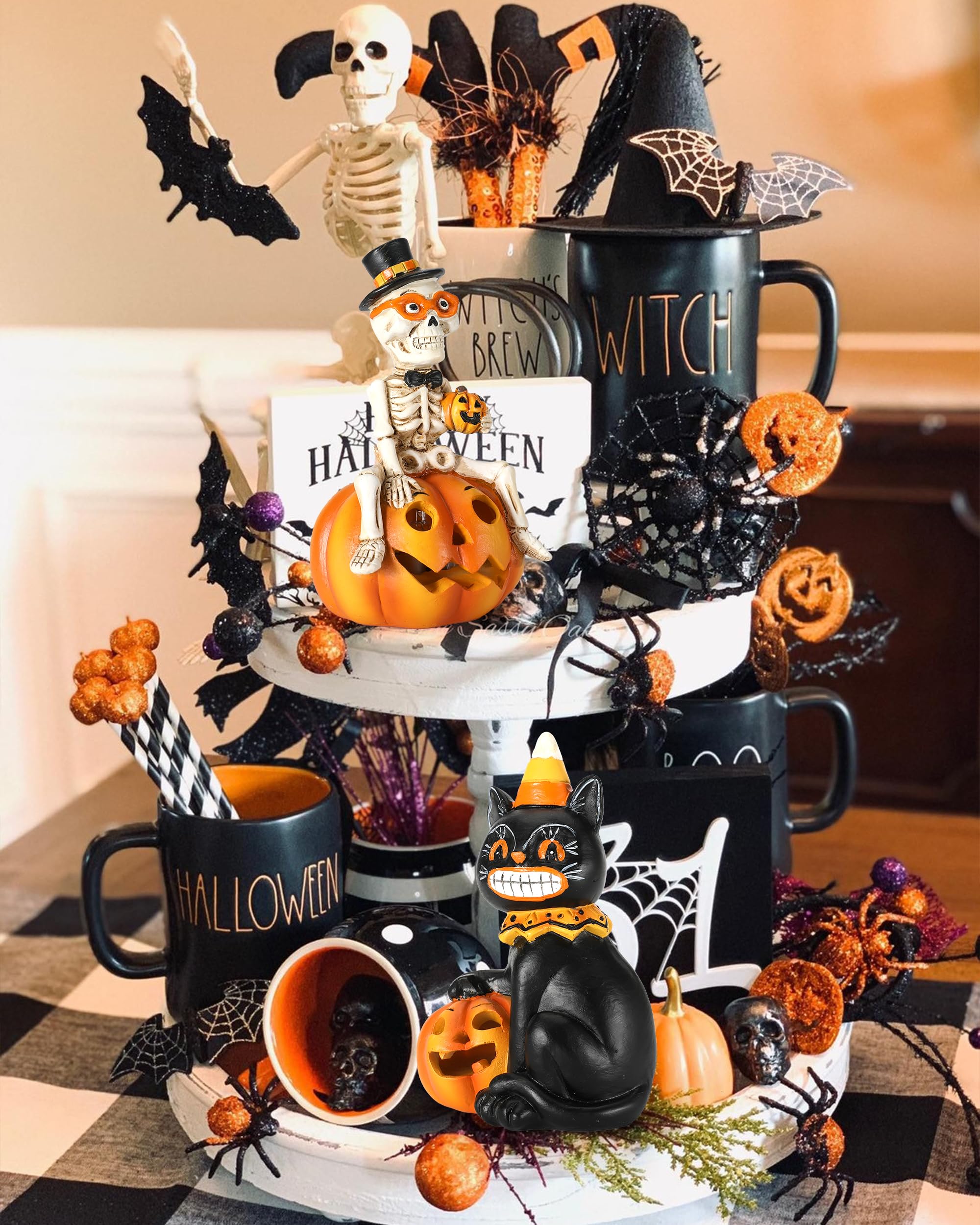 iStatue Halloween Decorations, 2-Pack Resin Black Cat & Skeleton on Pumpkin with Jack-o’-Lantern Lights - Indoor/Outdoor Gift for Fireplace Table Top Party Tiered Tray Decor (Skeleton & Cat)