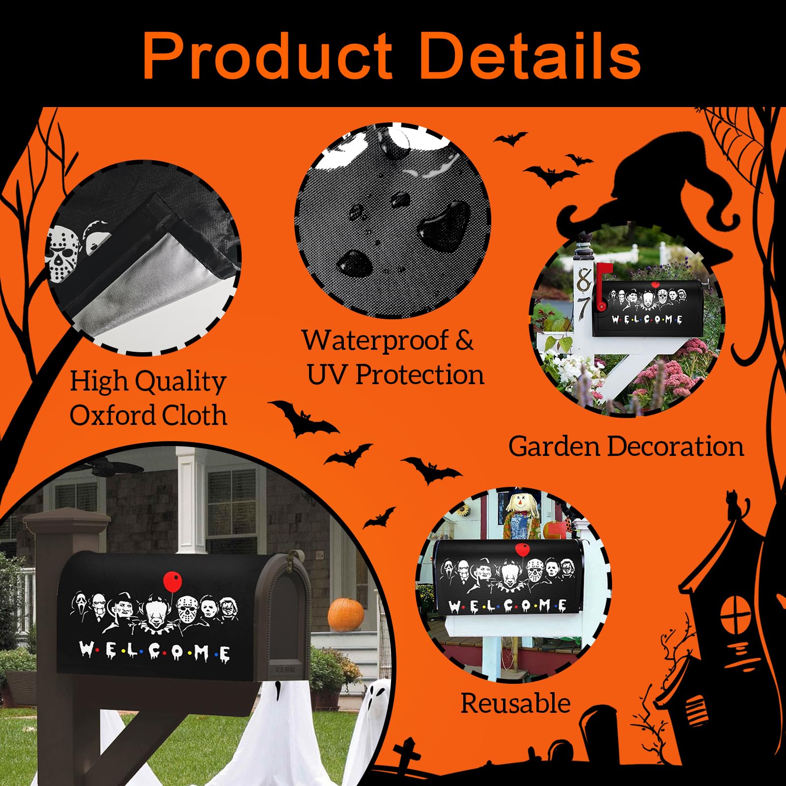 Welcome Halloween Clown Mailbox Covers Magnetic Standard Size 21x18 Inches, Hallowen Horror Movie Decor Post Box Cover Wraps Funny Garden Yard Decor