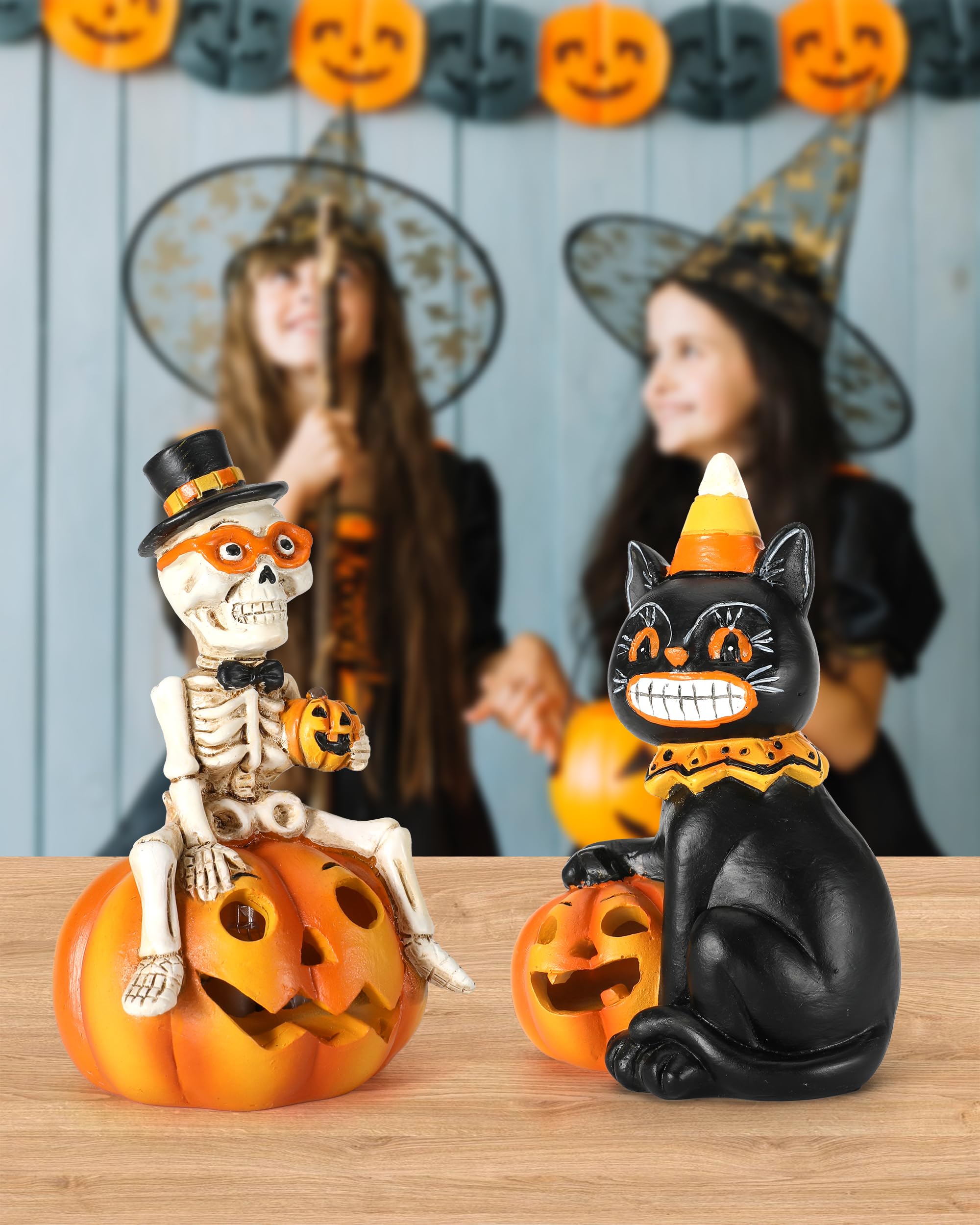 iStatue Halloween Decorations, 2-Pack Resin Black Cat & Skeleton on Pumpkin with Jack-o’-Lantern Lights - Indoor/Outdoor Gift for Fireplace Table Top Party Tiered Tray Decor (Skeleton & Cat)