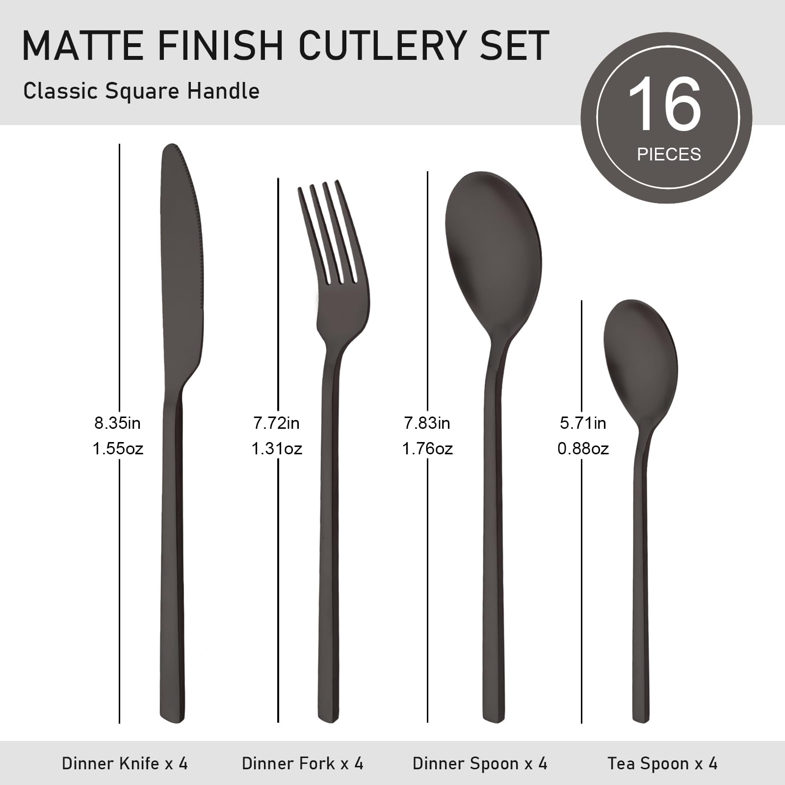 Uniturcky 16 Pcs Modern Silverware Flatware Sets, Stainless Steel Cutlery Set for 4, Forks Spoons and Knives Set for Home kitchen Restaurant, Square Handle Utensils, Matte Black