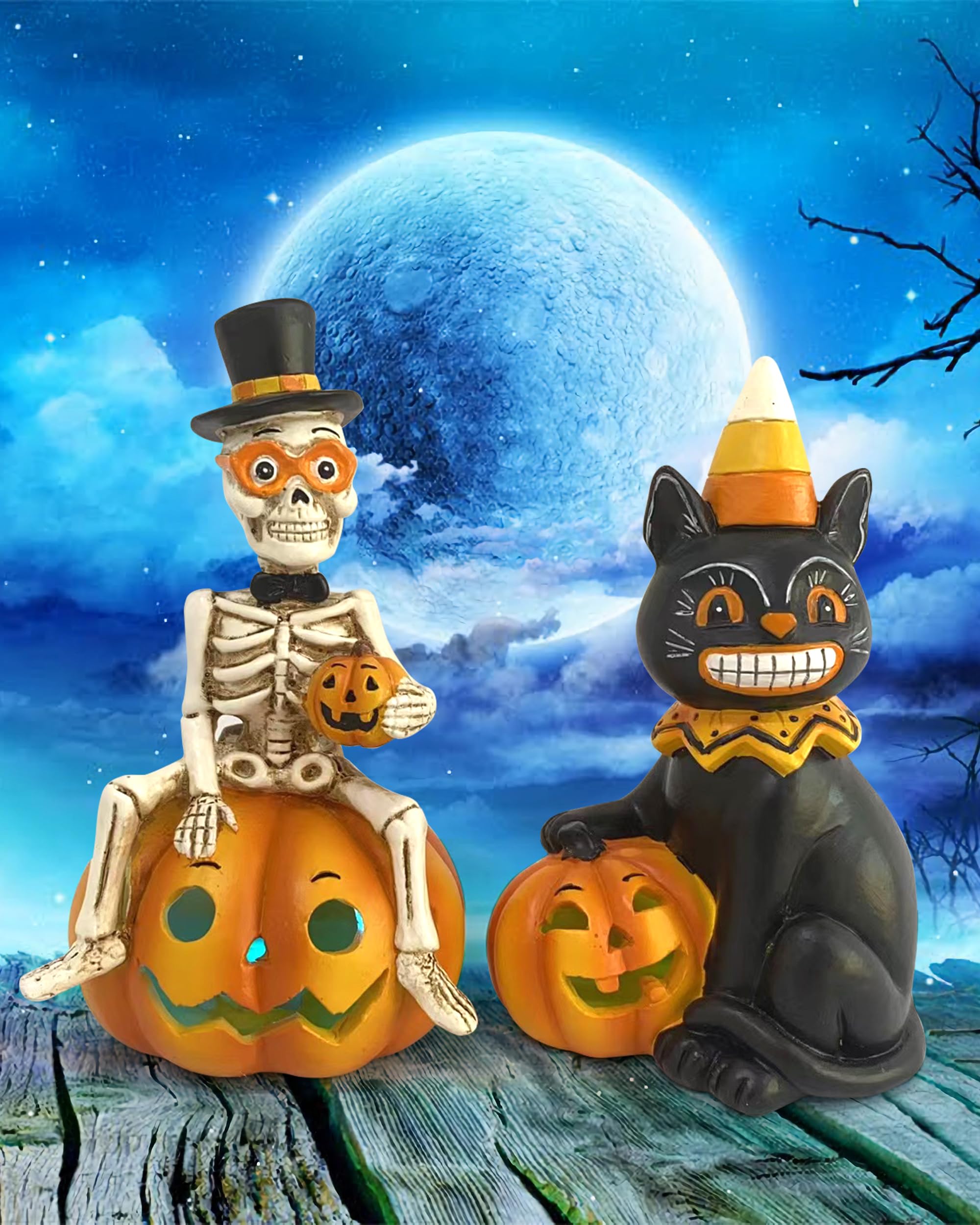 iStatue Halloween Decorations, 2-Pack Resin Black Cat & Skeleton on Pumpkin with Jack-o’-Lantern Lights - Indoor/Outdoor Gift for Fireplace Table Top Party Tiered Tray Decor (Skeleton & Cat)