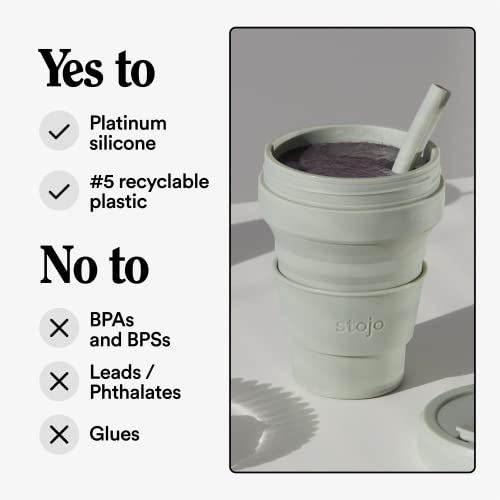 STOJO Collapsible Travel Cup With Straw - Sage Green, 16oz / 470ml - Reusable To-Go Pocket Size Silicone Bottle for Hot and Cold Drinks - Perfect for Camping and Hiking - Microwave & Dishwasher Safe